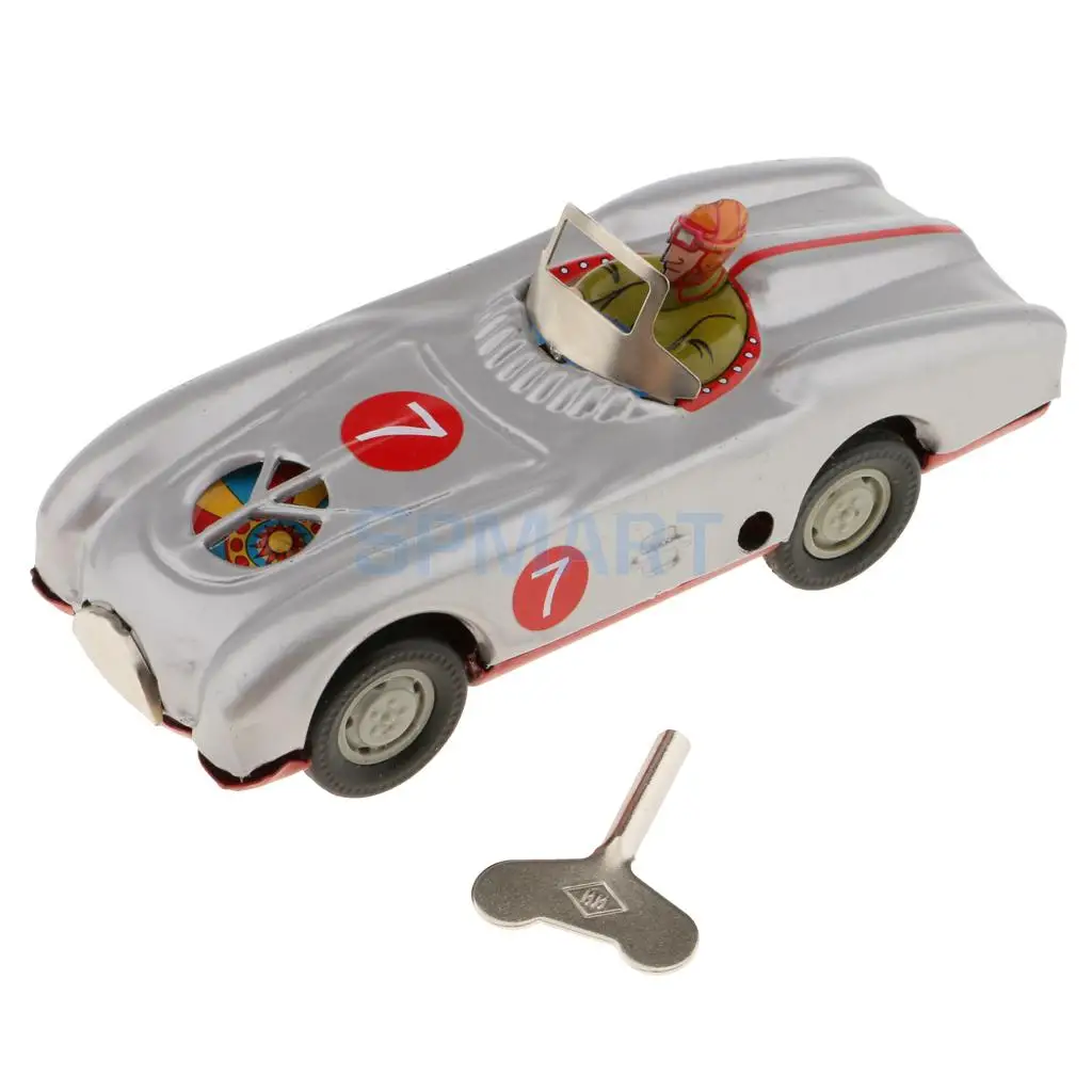 Vintage Retro Clockwork Racing Car Tin Toy w/ Wind-up Key Collectible ...