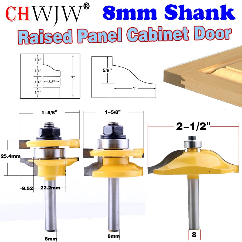 1-3PCS 8mm Shank Rail & Stile Router Bits-Matched Standard Ogee door ...