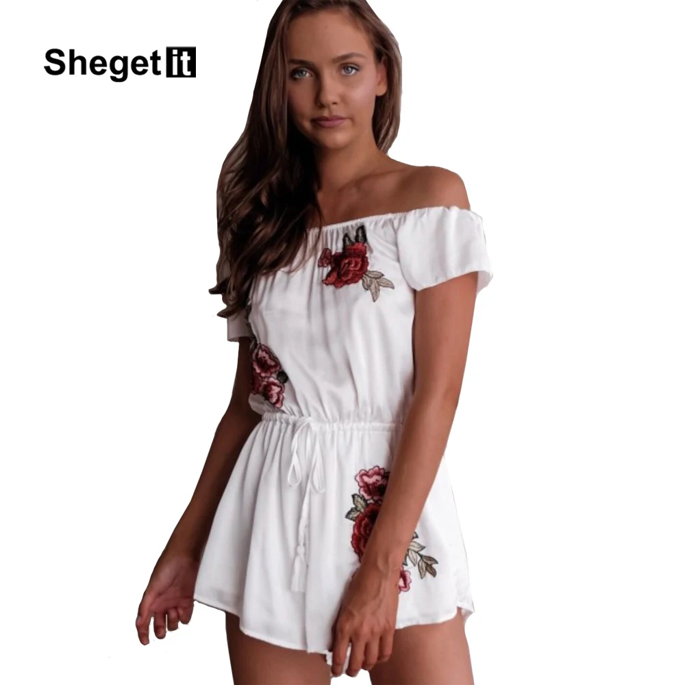 Shegetit Summer Off The Shoulder Red Flower Embroidery Playsuits White