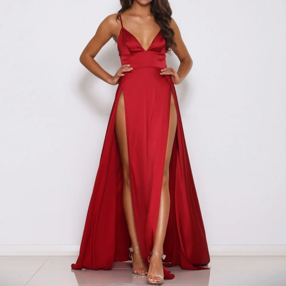 2018 Sexy Deep V Neck Backless Maxi Dress 2 High Splits Dress Red Satin