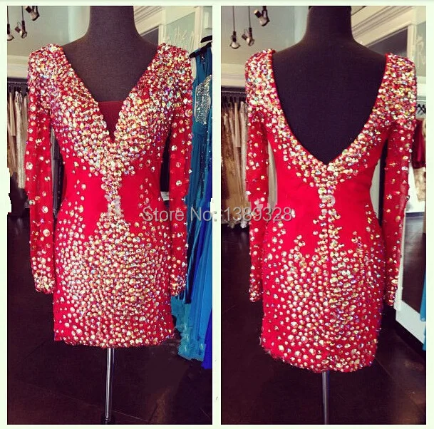 Buy Elegant Sheath Sexy V Neck Crystals Long Sleeve