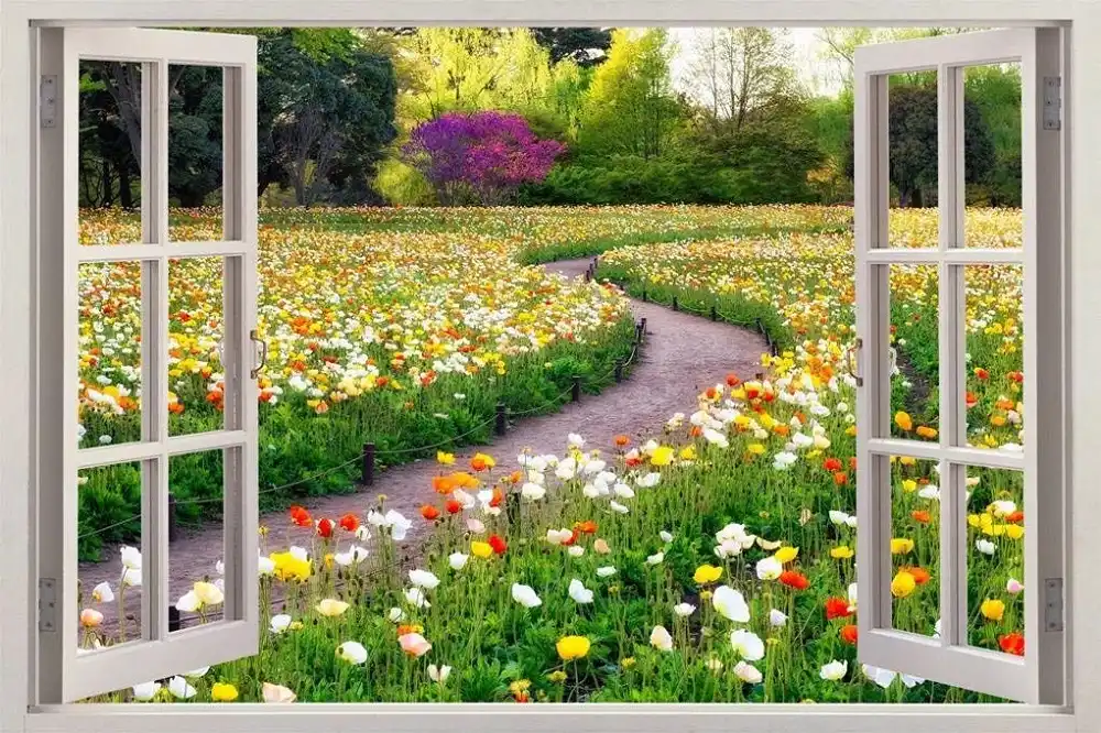 3D Effect Window View WALL STICKERS Nature Waterfall Framed Vinyl Decal ...