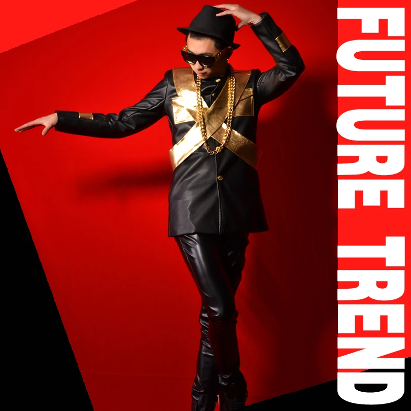 New Fashion Gold black Male singer stage Costumes outwear performance ...