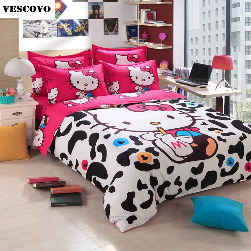 Juego de ropa de cama Hello Kitty niños 4 piezas edredón sábana doble ...