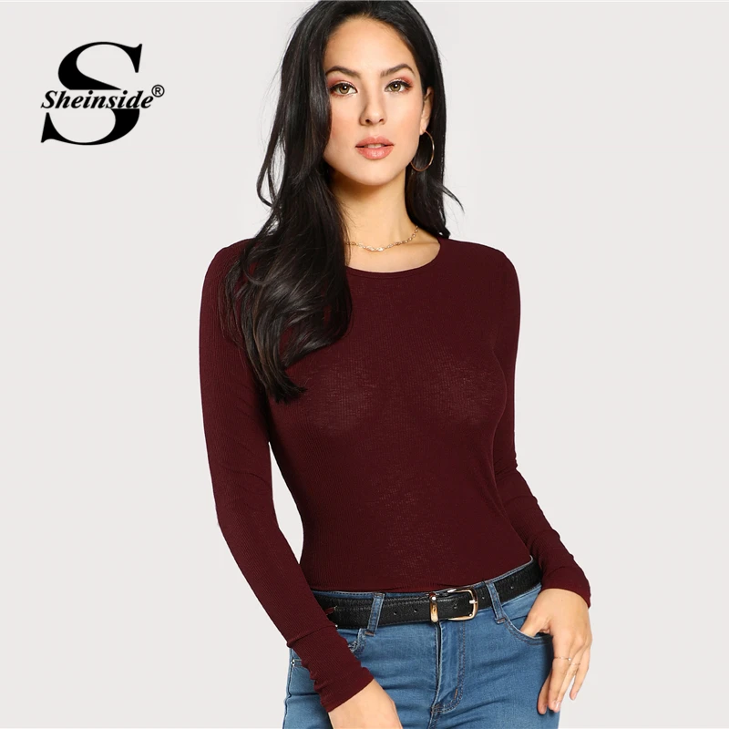 Sheinside бордовая Однотонная футболка с длинным рукавом Женская ...