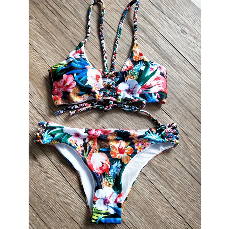 2018 Flower Printed Woven Swimwear Bandage Bikini Sexy Summer Beach