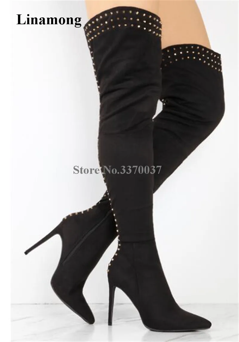 New Fashion Women Black Suede Leather Gold Rivet Over Knee Boots Super ...