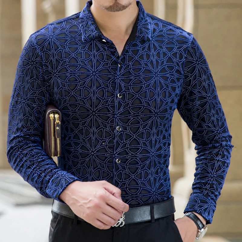 2017 New Fashion Mens Velvet Long Sleeve Blue Black Hot Stamping Shirt ...