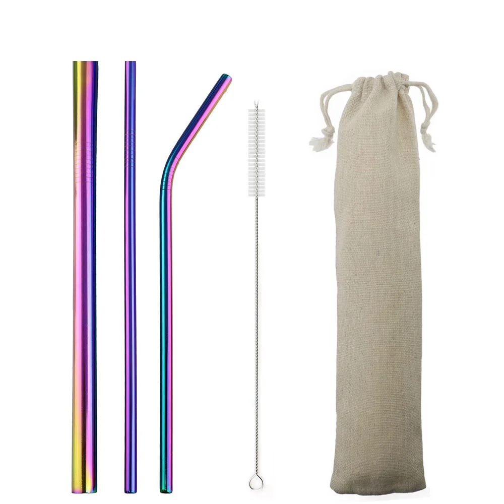 Rainbow Colorful 304 Stainless Steel Straws Reusable Straight Bent