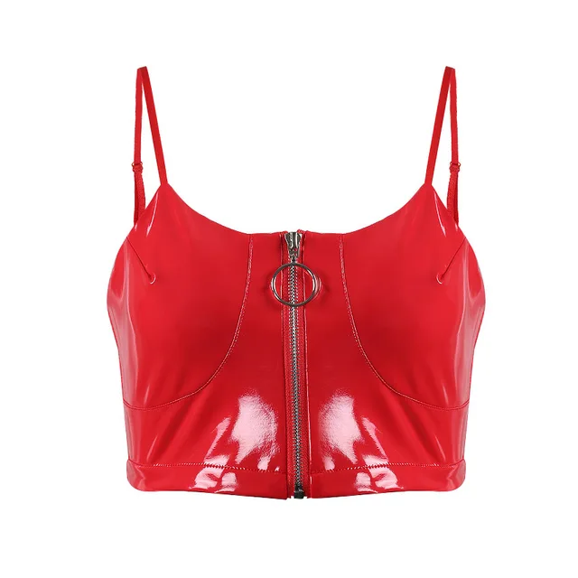 Summer Solid Red Pu Women Crop Top Sexy Spaghetti Strap Leather Tank