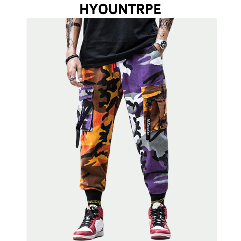 Camouflage Pants Mens Hip Hop Joggers Pant Casual Zipper Patchwork Camo