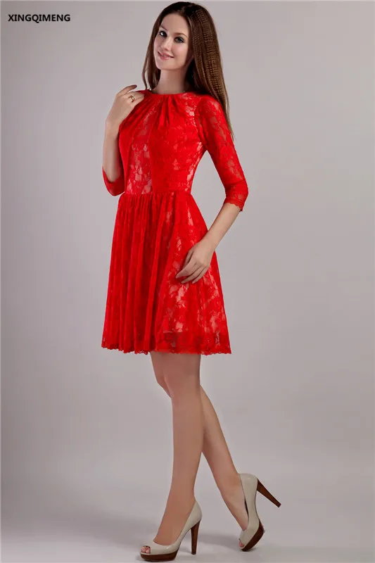 Red Lace Three Quarter Sleeve Girls Cocktail Dresses Elegant Short Cocktail Dress Knee Length