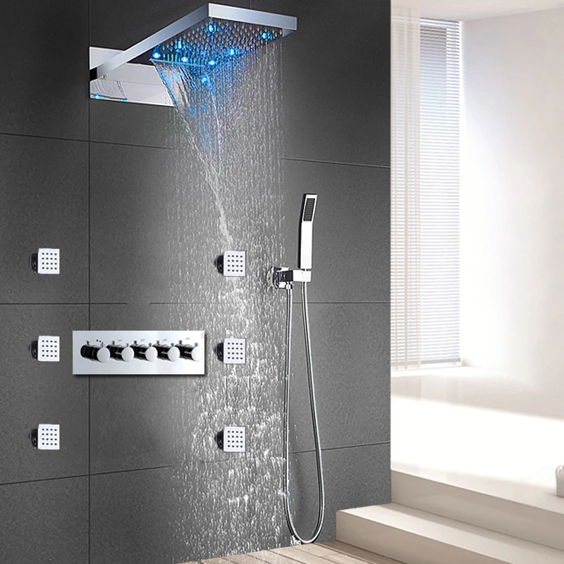 Thermostatic 4 Functions Shower System Modern Wall Mounted Led Rainfall ...