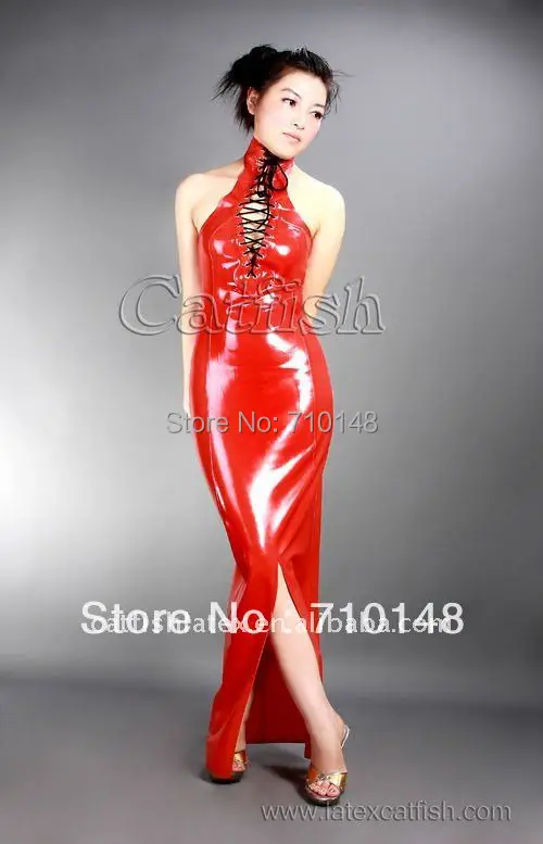 Fashion Sexy side V cutting Latex Dress Chinese Style Evening RUbber ...