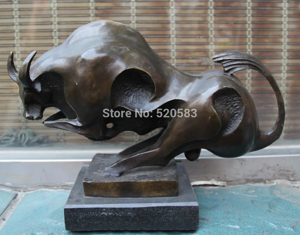 14" Chinese Western Bronze Marble Strong abstract Bullfight Bull Oxen ...