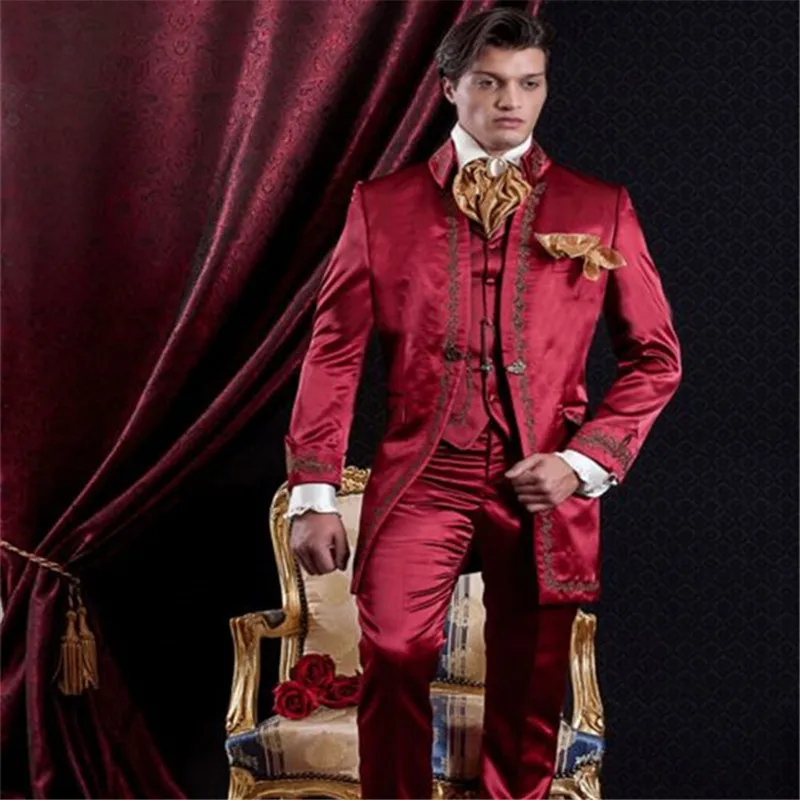 Luxury Embroidery Red Mens Suits Vintage Groom Tuxedos For Men ...