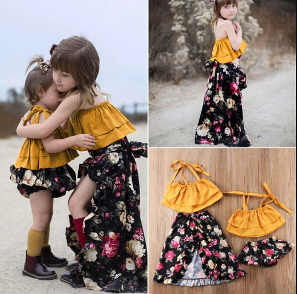 Sister Matching Outfits Baby Kid Girl Sleeveless Top+Floral Print ...