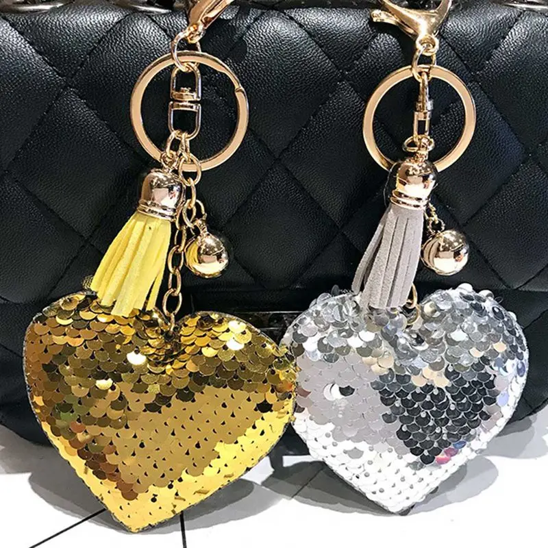 Bling Heart Keychains Tassel Glitter Sequins Love Heart Small Metal ...