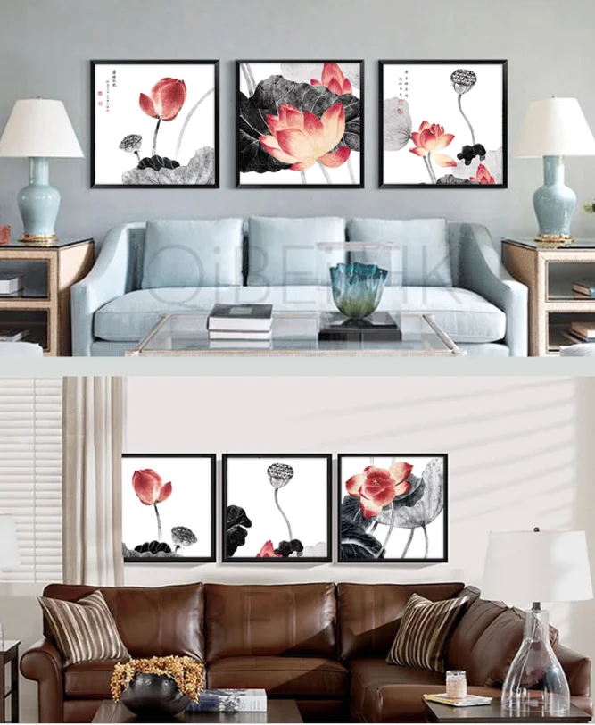 Minimalista Nordic estilo Ink Lotus Flower Chinese Poesia Lona Cartaz ...