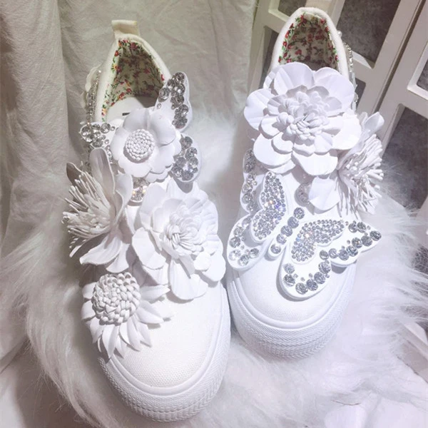 White Retro Flower Canvas Women Platform Shoes Height Increased ...