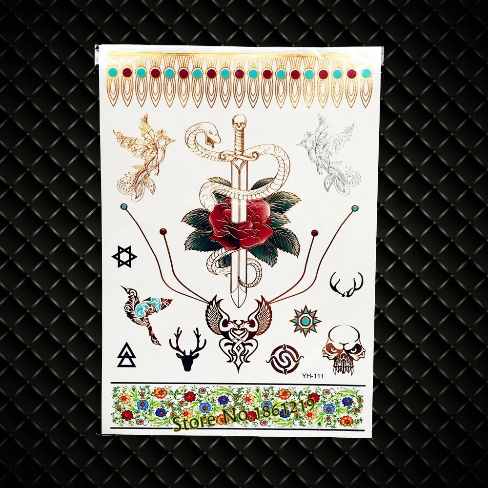 New Sexy Roses Snake Gold Henna Flash Metallic Waterproof Tattoo Swords ...