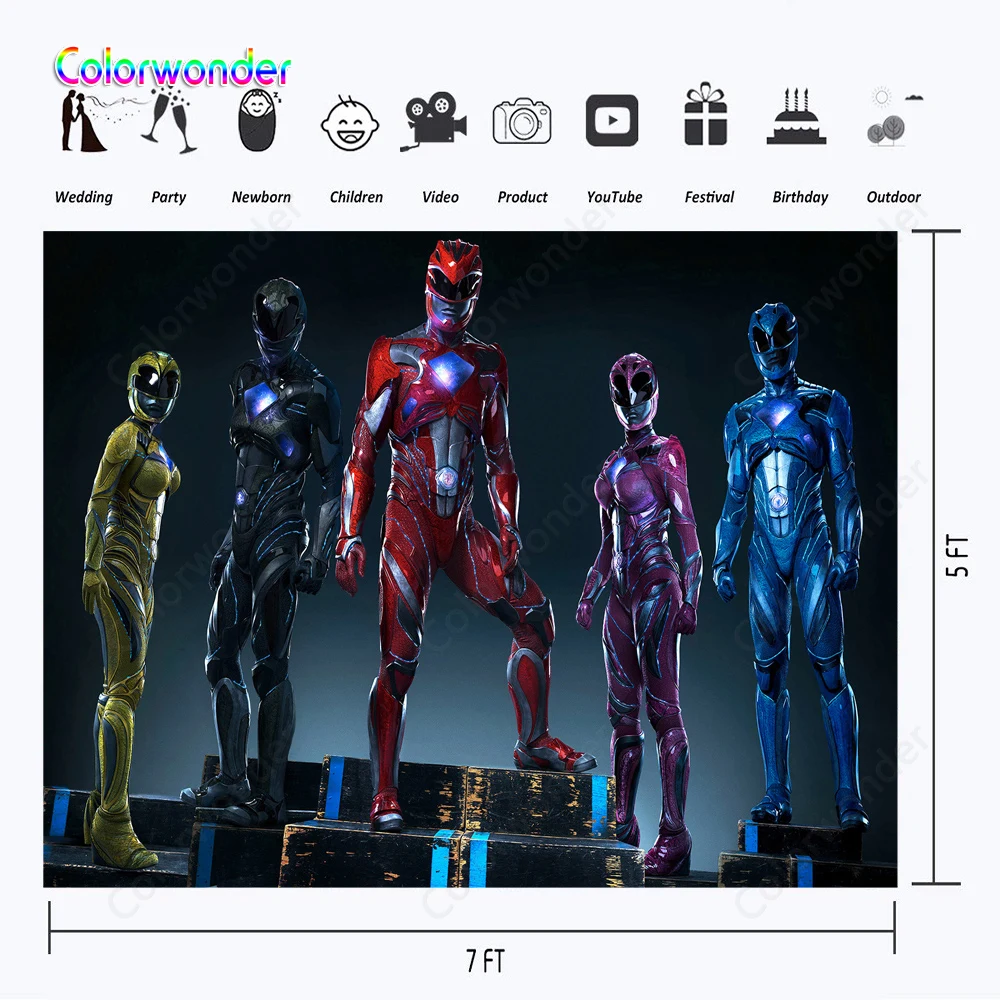 Power Rangers Superhero Movie Photo Backdrop Red Black Blue Green Pink ...