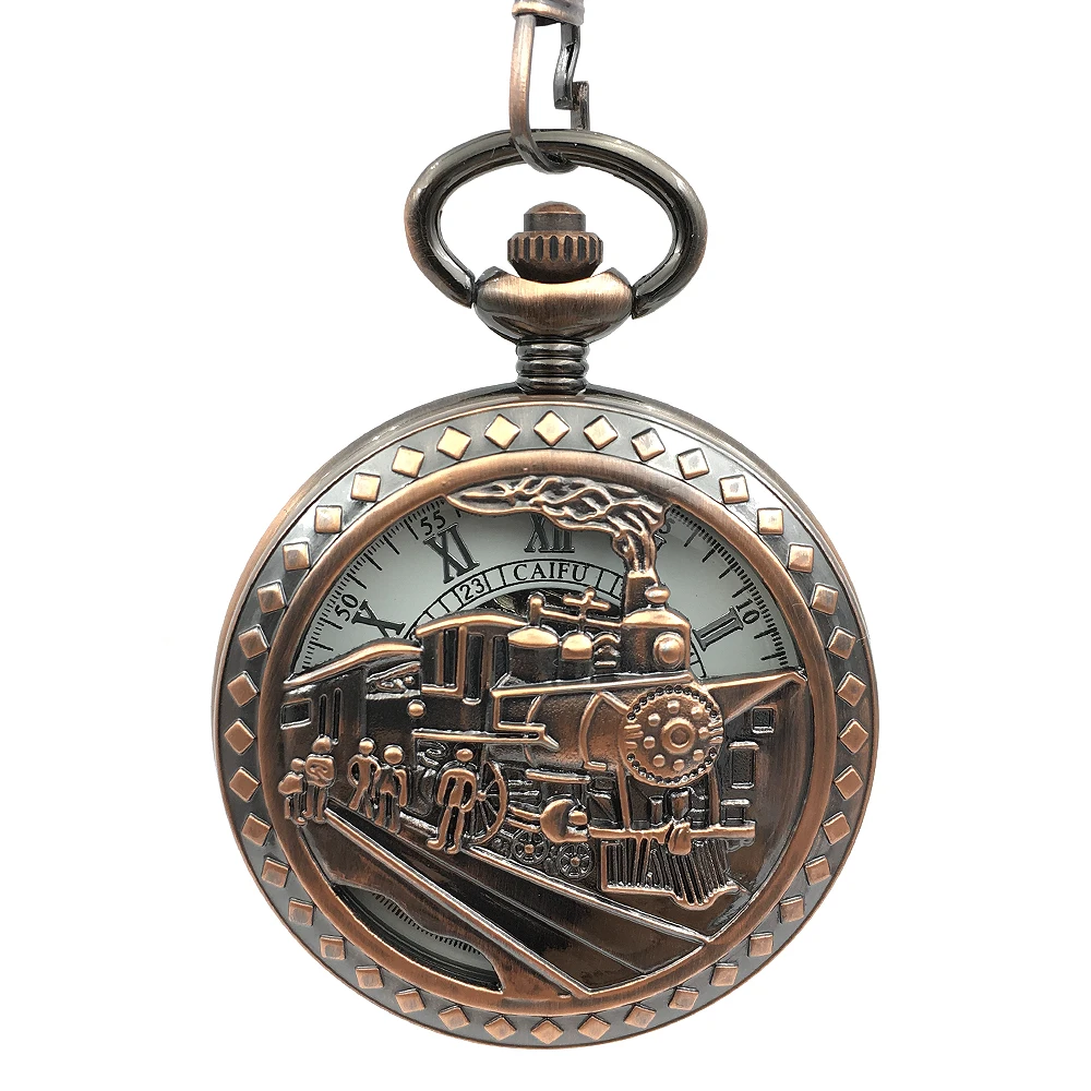 Copper Tone Skeleton Railway Running Steam Train Pocket Watch ...