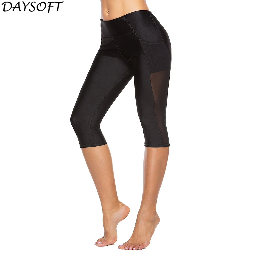 Daysoft Women Mid Calf Leggings Fitness Slim Black Elastic Pants Mesh