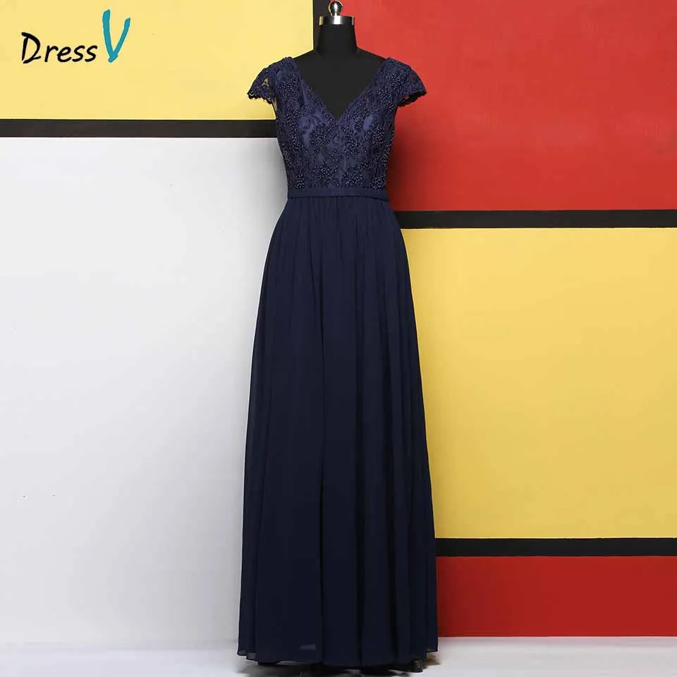 Dressv elegant prom dress v neck a line short sleeves lace zipper up ...
