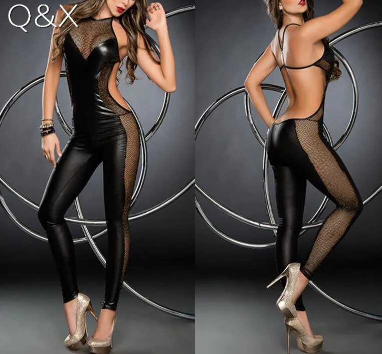 Mr14 2017 Sexy Lingerie Hot Women Matt Black Patent Leather Lace High