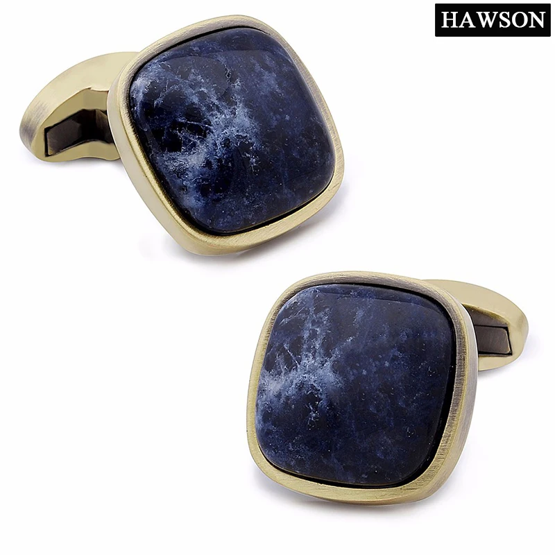 HAWSON Vintage doğal taş erkekler için kol düğmeleri kare antika pirinç ...