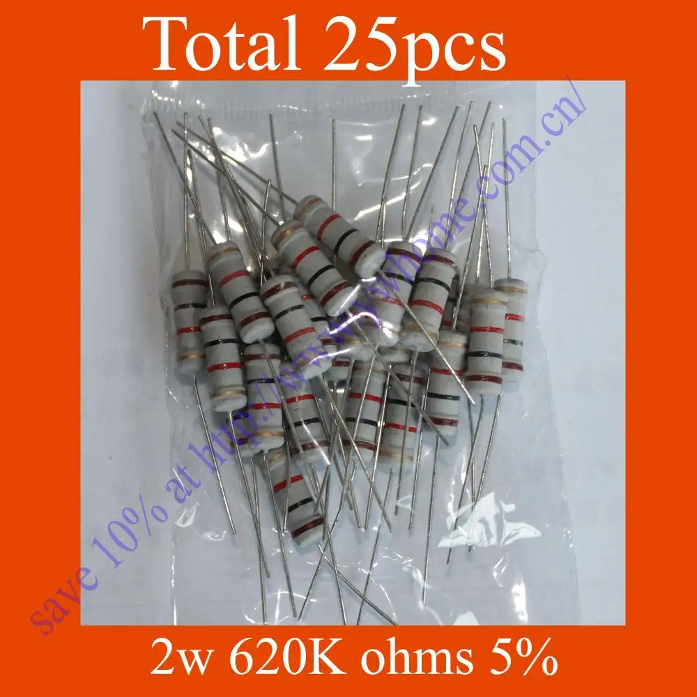 NEW 25 X Resistors 620K Ohms 2W Carbon Film 5% Tolerance|film|carbon ...