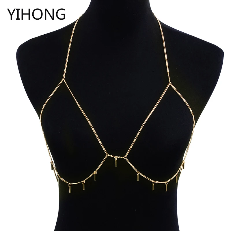 Women Sexy Body Chain Bikini Bra Net Slave Harness V Necklace Waist ...