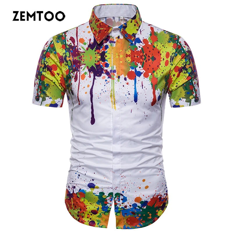 zemtoo Men Shirt Short Sleeve 3D Printed Colorful Splash ink Shirts ...