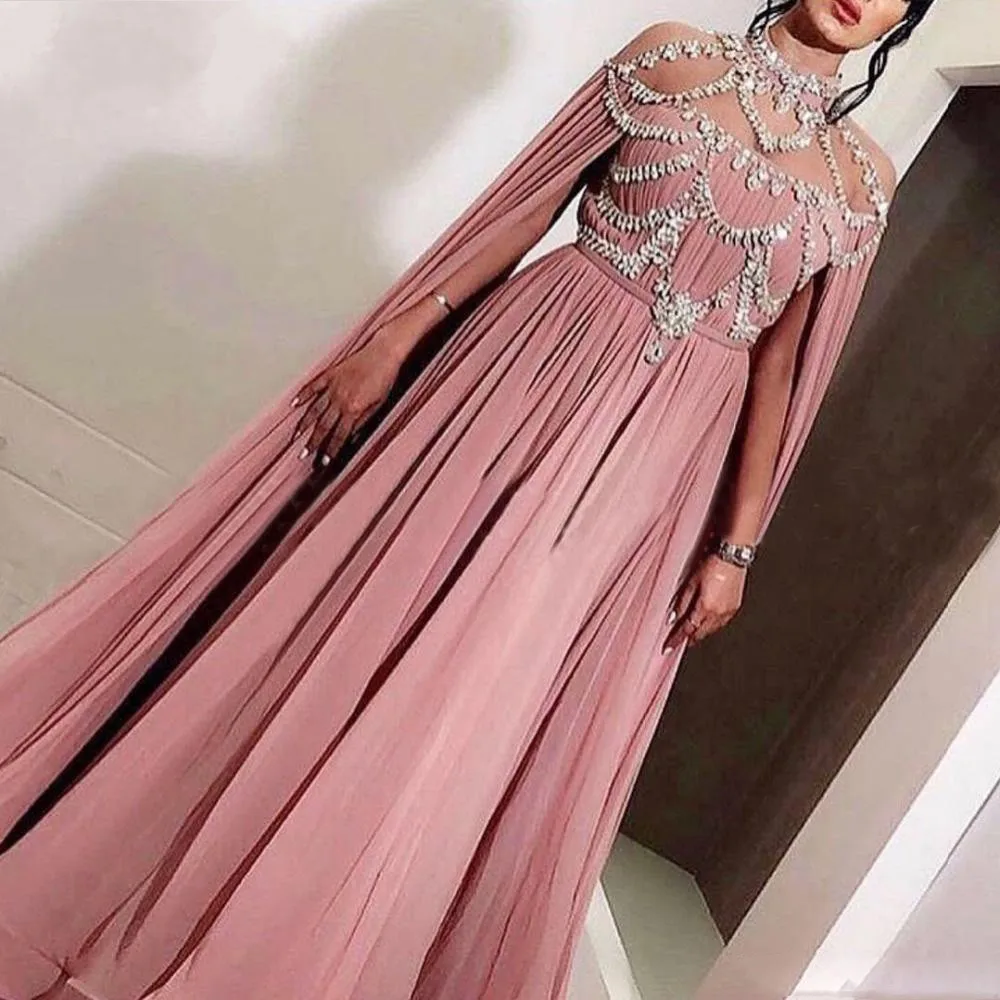 Pink Muslim Evening Dresses A-line Illusion High Neck Crystal Chiffon ...