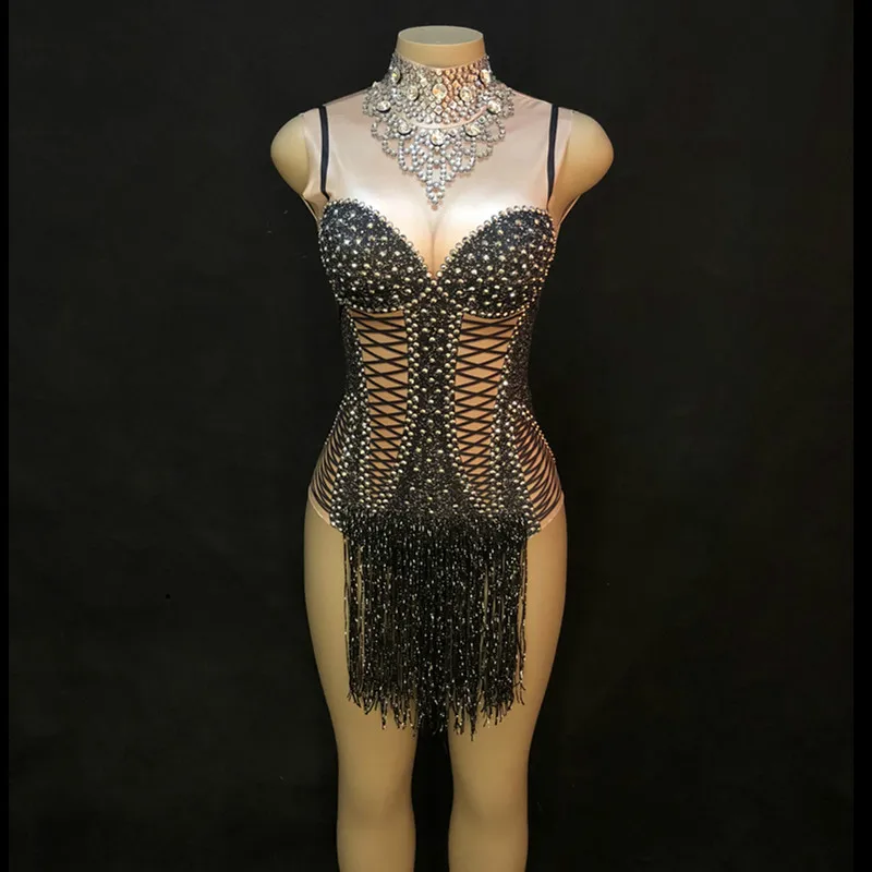 Women Shining Black Tassel Rhinestones Glisten Stones Bodysuit