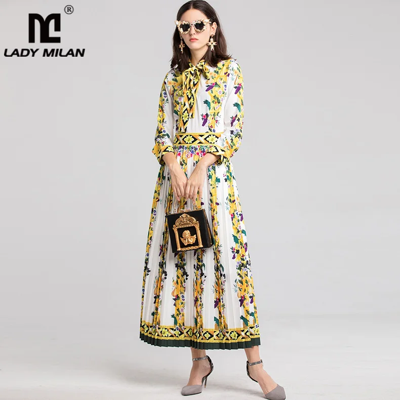 Lady Milan Women's Runway Dresses Bow Collar Long Sleeves Floral ...