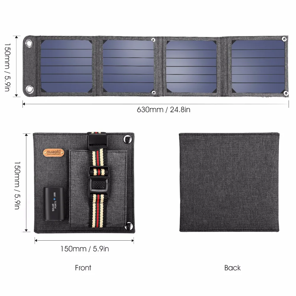 14W Solar Charger 5V 2.1A With 2 Carabiners - Rhino Camping