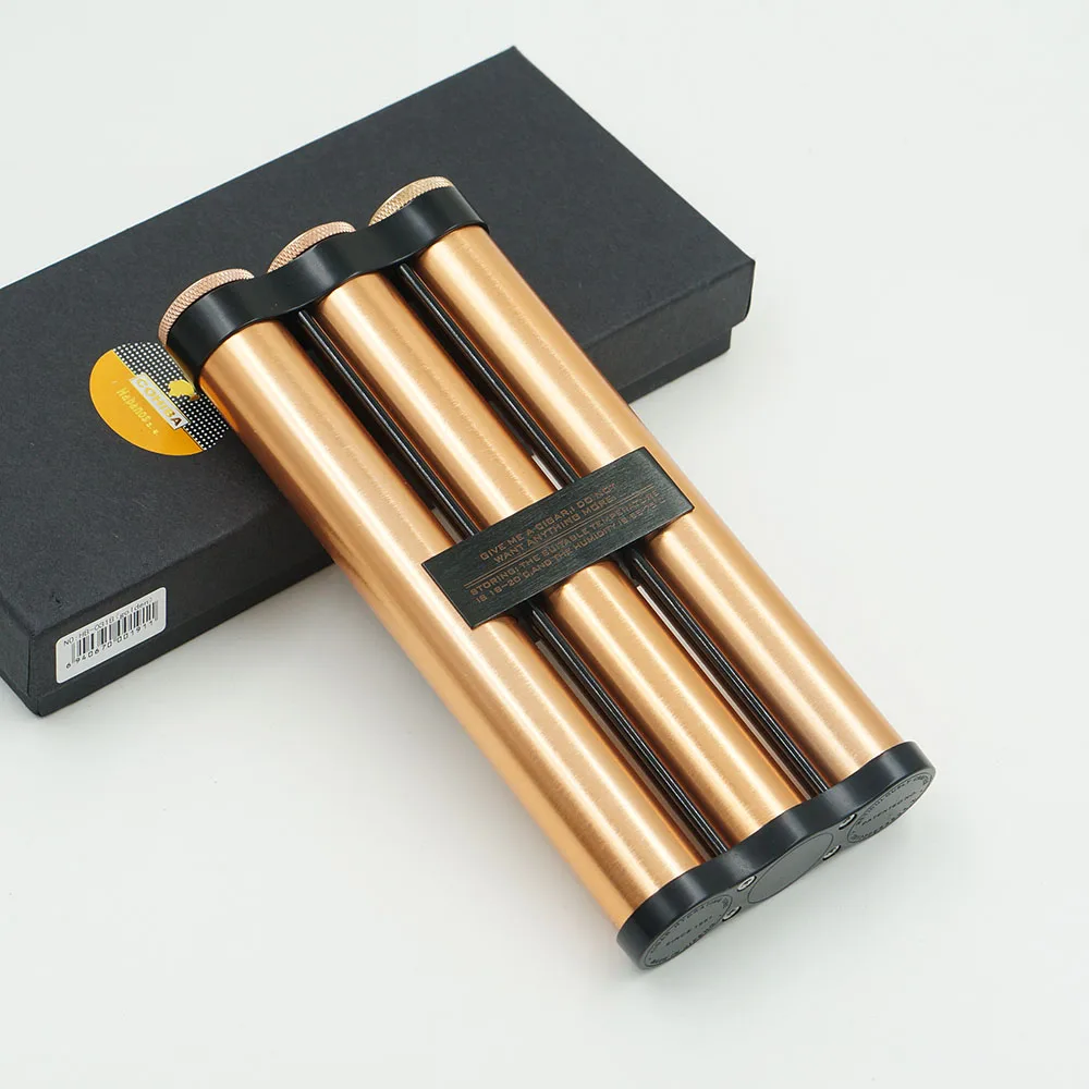 Black Alloy Metal Travel Cigar Holder 3 Tube Humidor With Humidifier ...