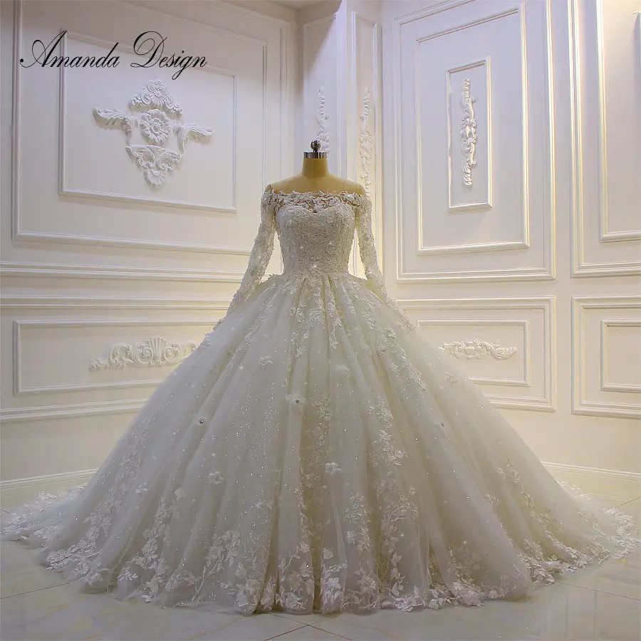 Amanda Design matrimonio 오프 숄더 레이스 아플리케, 푹신하고 반짝이는 웨딩 드레스, 긴 소매|결혼식 드레스 ...