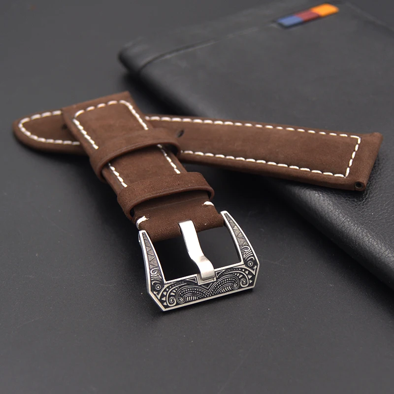 20mm 22 24 26mm Genuine Leather Brown Watch Band Strap Belt Silver ...