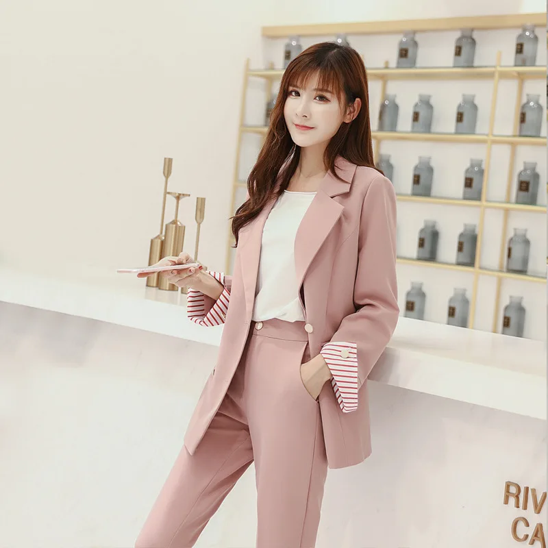 스트라이프 슬리브 더블 브레스트 여성용 바지 정장 노치 블레이저 및 하이 웨이스트 펜슬 바지 솔리드 Ol 스타일 2 피스