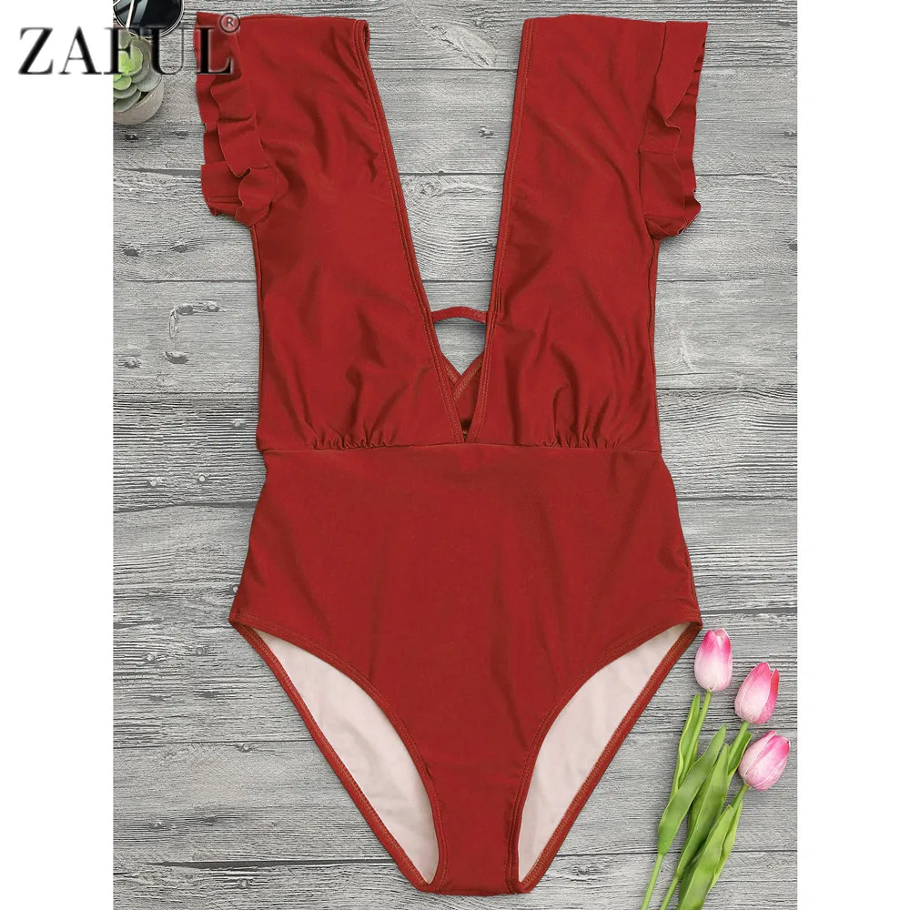 Zaful One Piece Swimsuit Sexy Plunging Swimwear Women High Waist