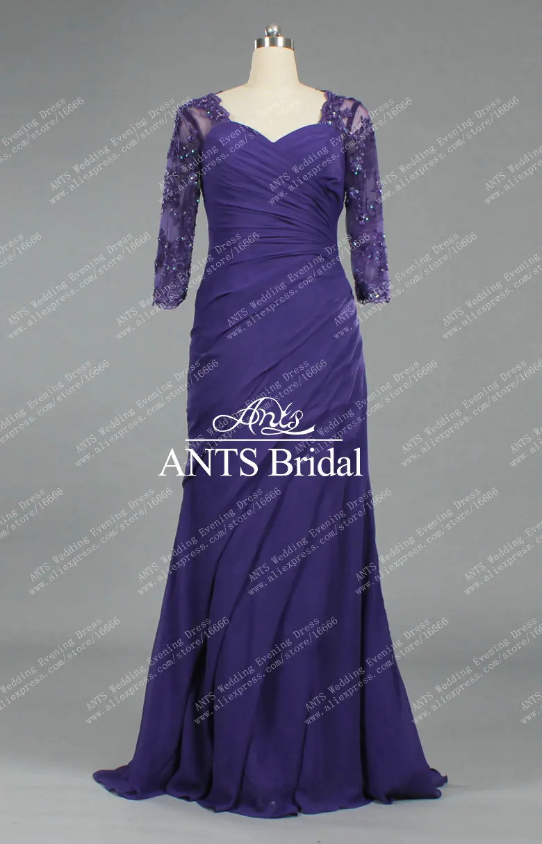 Elegante longo roxo Chiffon Sheer 3/4 mangas sereia mãe da noiva ...