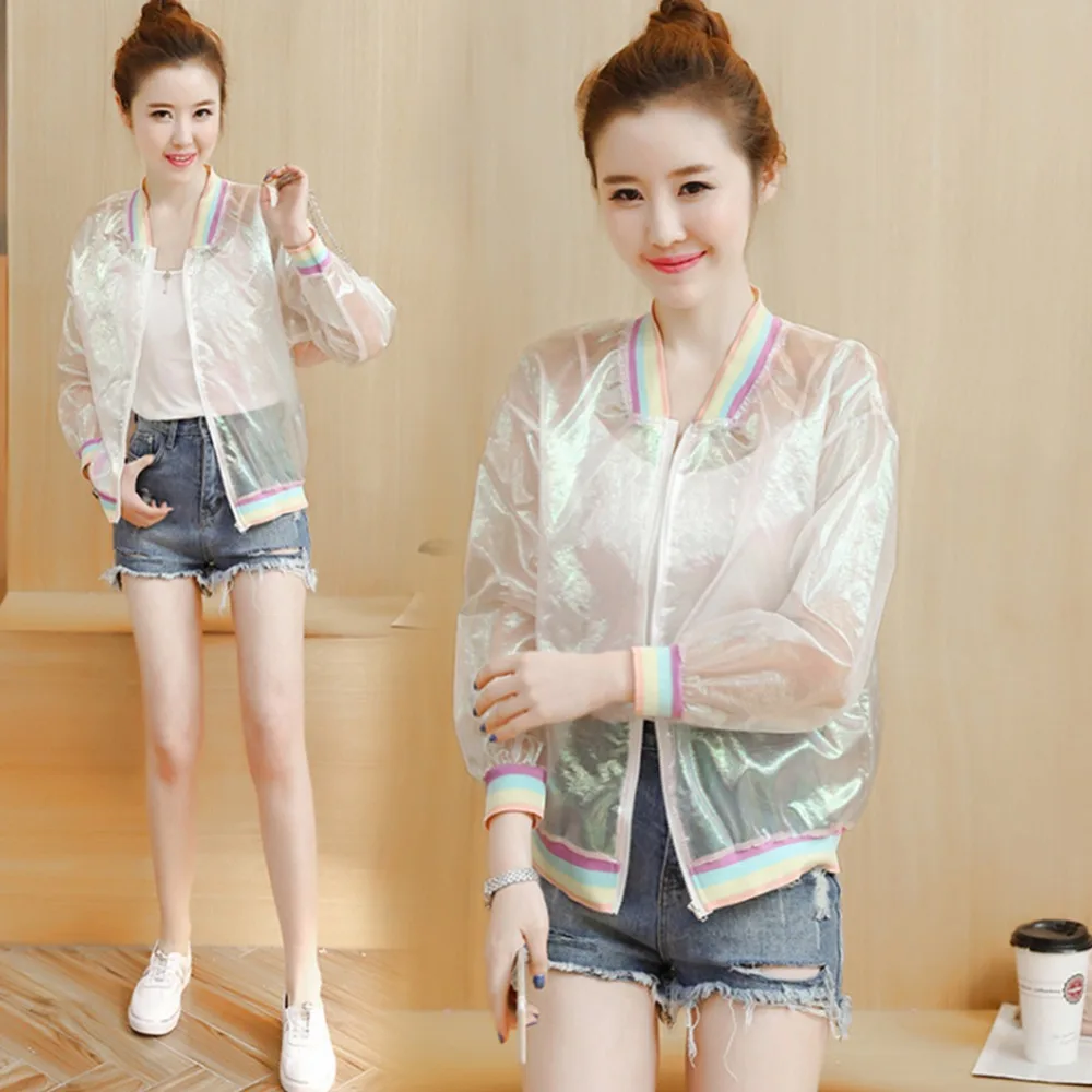 Women sexy summer transparent long sleeve bomber basic jacket coat ...
