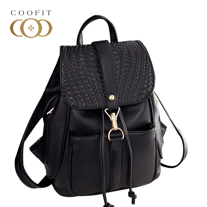 Coofit Female Black Backpack Women Girls PU Leather Schoolbags Fashion ...