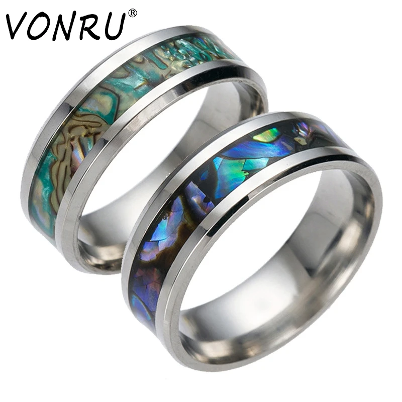 New Men Women Stainless Steel Ring Wedding Band Abalone Shell Inlay ...