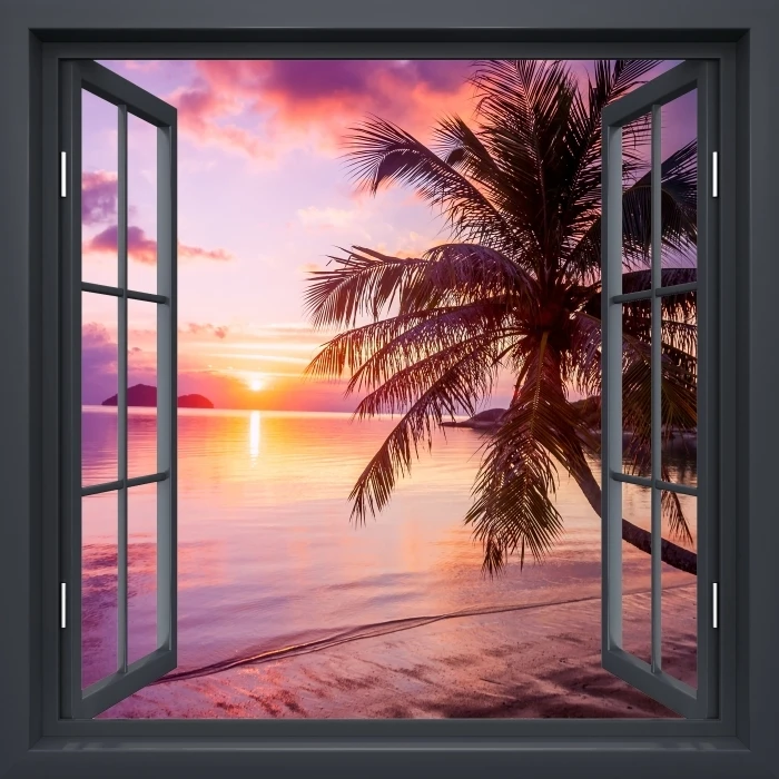3D-Hot-Black-Window-Sunset-Beach-Window-Frame-Window-Mural-Vinyl ...