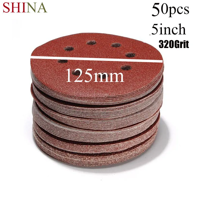 SHINA 50pcs/set 5" 8 Hole 320 Grit Sanding Disc Random Orbit Hook ...