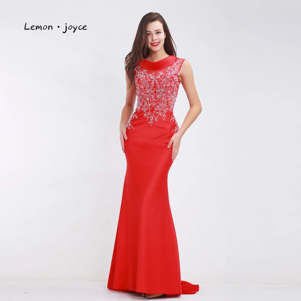 Elegant Red Evening Dresses 2019 Scoop Neck Crystal Beading Illusion ...